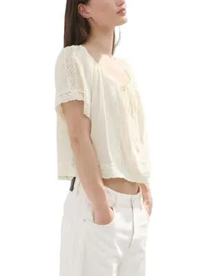 Mango Pintucked Cotton Lace Trim Blouse - Ecru