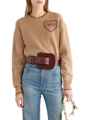 Chloé Embroidered Logo Heart Wool & Cashmere Sweater - Bleached Brown
