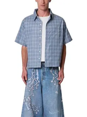 Mnml Plaid Poplin Cropped Short Sleeve Shirt - Blue