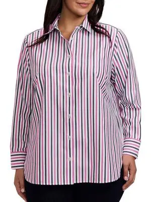 Foxcroft Meghan Striped Cotton Button-up Shirt - Pomegranate Red/multi