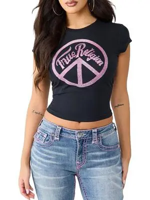 True Religion Crystal Embellished Graphic Stretch Cotton Baby Tee - Jet Black