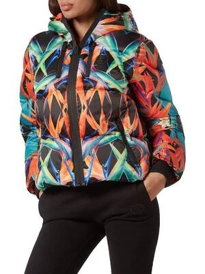 PLEIN SPORT Nylon Puffer Jacket Flowers - Black/multicolored