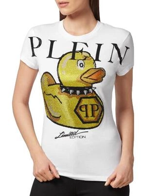 Philipp Plein T-shirt Round Neck Ss Pp Duck With Crystals - White