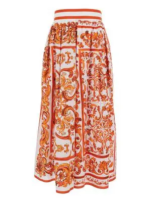 Dolce & Gabbana Orange Midi Skirt With All-over Majolica Print In Cotton - Multicolor