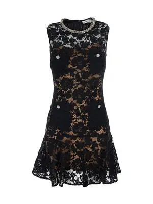 SELF-PORTRAIT Black Mini Dress With All-over Lace Embroidery And Crystal Decoration In Tech Fabric For - Multicolor