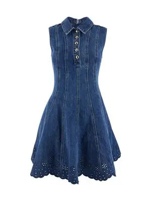 SELF-PORTRAIT Blue Mini Dress With Classic Collar And Embroidery In Denim For - Multicolor