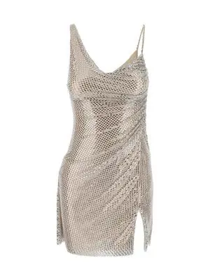 SELF-PORTRAIT Metallic Mini Dress Sleeveless Draped With Rhinestones And Single Slit On The Front In Tech Fabric For - Multicolor