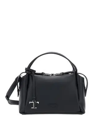TOD'S Leather Shoulder Bag With T Plaque - Black
