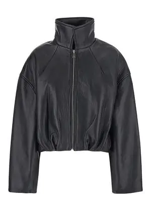 ROTATE BY BIRGER CHRISTENSEN Black Leather Oversized Jacket With High Collar And Zip Closure - Multicolor