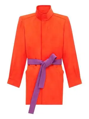 Saint Laurent Belted Coat In Stonewash Silk Satin Coral - Red
