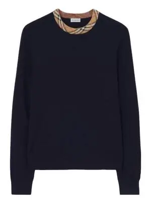 Burberry Check-trim Wool Sweater - Navy