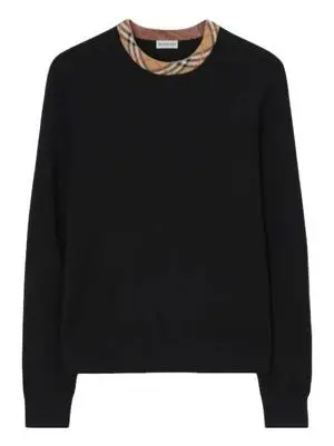 Burberry Crew Neck Wool Sweater With House Check Trim - Black