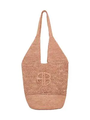 ANINE BING Leah Logo Raffia Shoulder Bag - Nude