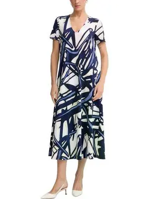 Joseph Ribkoff Abstract Print V-neck Midi Dress - Blue