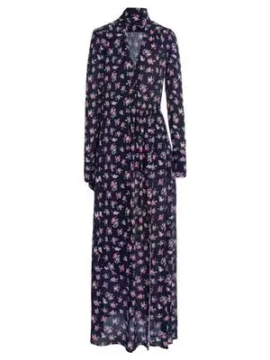 CUANNA Floral Print Tie Neck Maxi Dress - Blue