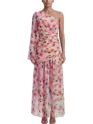CUANNA Floral Print Ruched One-shoulder Dress With Flared Hem - Pink