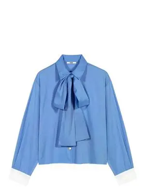 Maje Cotton Pussy Bow Shirt - Blue