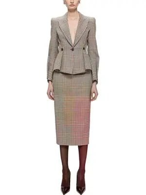 NISSA High-waisted Midi Skirt With Plaid Pattern - Neutrals