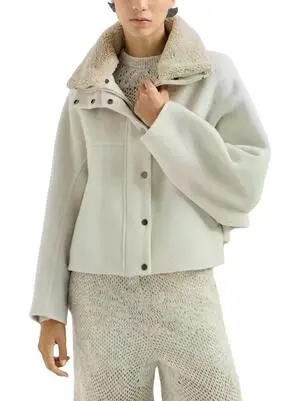 Brunello Cucinelli Virgin Wool & Cashmere Double Cloth Jacket With Detachable Shearling Collar - Neutrals