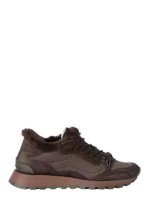 Brunello Cucinelli Suede And Techno-fabric Runners With Shearling Lining And Monili - Brown