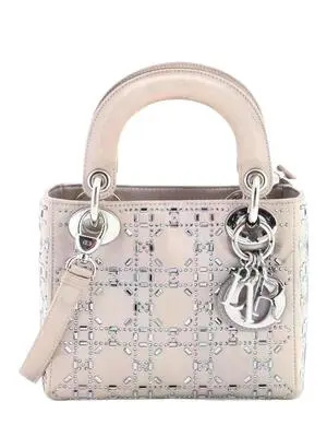 Dior Christian Dior Lady Dior Bag Crystal Embellished Cannage Quilt Satin Mini Satchel Neutrals