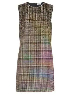 Brunello Cucinelli Checked Alpaca And Wool Mini Dress With Embroidered Detail - Neutrals