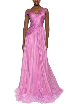 IRIS SERBAN Feather-trimmed Pleated Maxi Dress - Pink