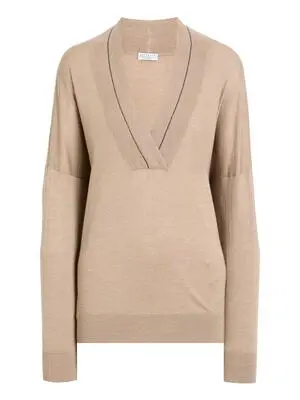 Brunello Cucinelli Beadembellished Cashmere And Silkblend Sweater - Beige