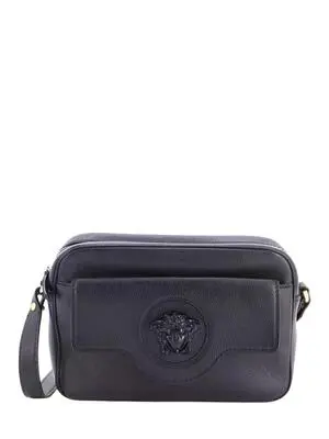 Versace La Medusa Flap Pocket Camera Bag Leather Small Crossbody Bag - Black