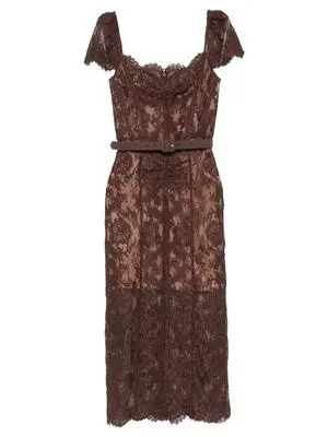 SELF-PORTRAIT Short-sleeve Zip-front Midi Dress With Removable Belt - Marrone