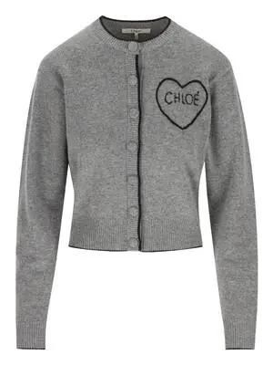 Chloé Contrast Trim Embroidered Logo Wool Cardigan - Grigio