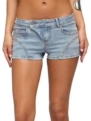 EDIKTED Western Stitch Studded Denim Micro Shorts - Blue