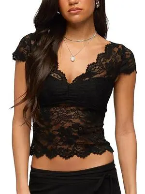 EDIKTED Elza Sheer Lace Top - Black