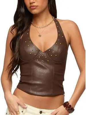 EDIKTED Vaya Studded Halter Top - Brown