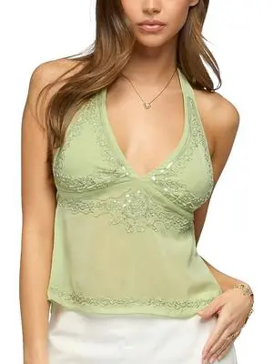 EDIKTED Yoolena Sequin Halter Top - Sage