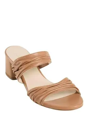 ELIZEE Sophia Leather Ruched Strap Block Heel Mules - Caramel