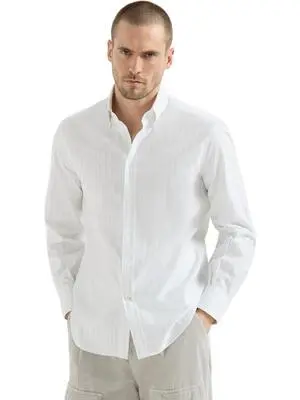 Brunello Cucinelli Cotton Textured Striped Chevron Shirt With Button-down Collar - White