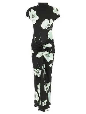 Alaïa Ruched Floral Print High Neck Dress - Multicolor