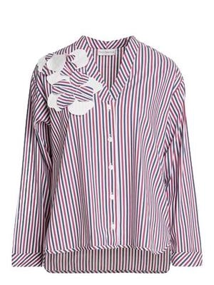 MARIA BELLENTANI Striped Poplin Shirt With Floral Appliqués - Brick