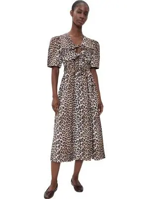 GANNI Printed Cotton Midi Dress With Puff Sleeves - Leopard