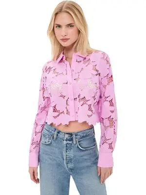 L'Agence Seychelle Cropped Button-down Shirt With Floral Embroidery - Peony