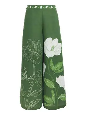 Verandah Floral Wide-leg Linen-cotton Blend Trousers - Green