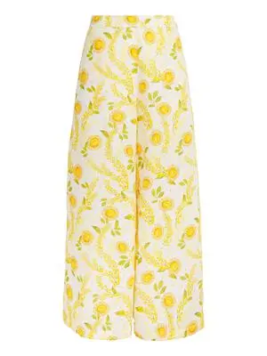 Verandah Linen-cotton Floral Wide-leg Trousers - Yellow