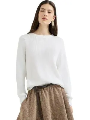 Brunello Cucinelli Cotton English Rib Sweater With Monili - White