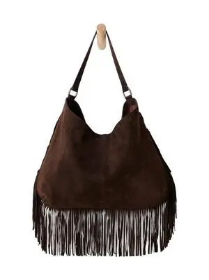Free People Finn Fringe Leather Shoulder Bag - Espresso