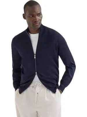 Brunello Cucinelli Cashmere And Silk Lightweight Zip Cardigan - Navy Blue