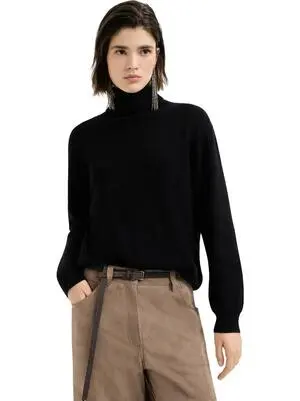 Brunello Cucinelli Cashmere English Rib Turtleneck Sweater With Monili - Black