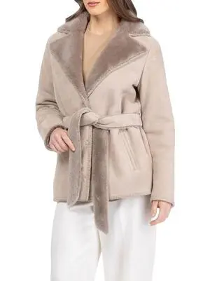 Gorski Genuine Shearling Belted Jacket With Whipstitch Trim - Taupe