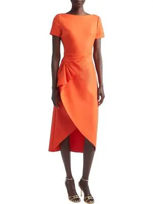 Oscar De La Renta Short Sleeve Draped Waist Stretch Virgin Wool Blend Day Dress - Paprika