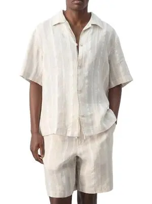 Mango Stripe Linen & Cotton Blend Bowling Shirt - Beige